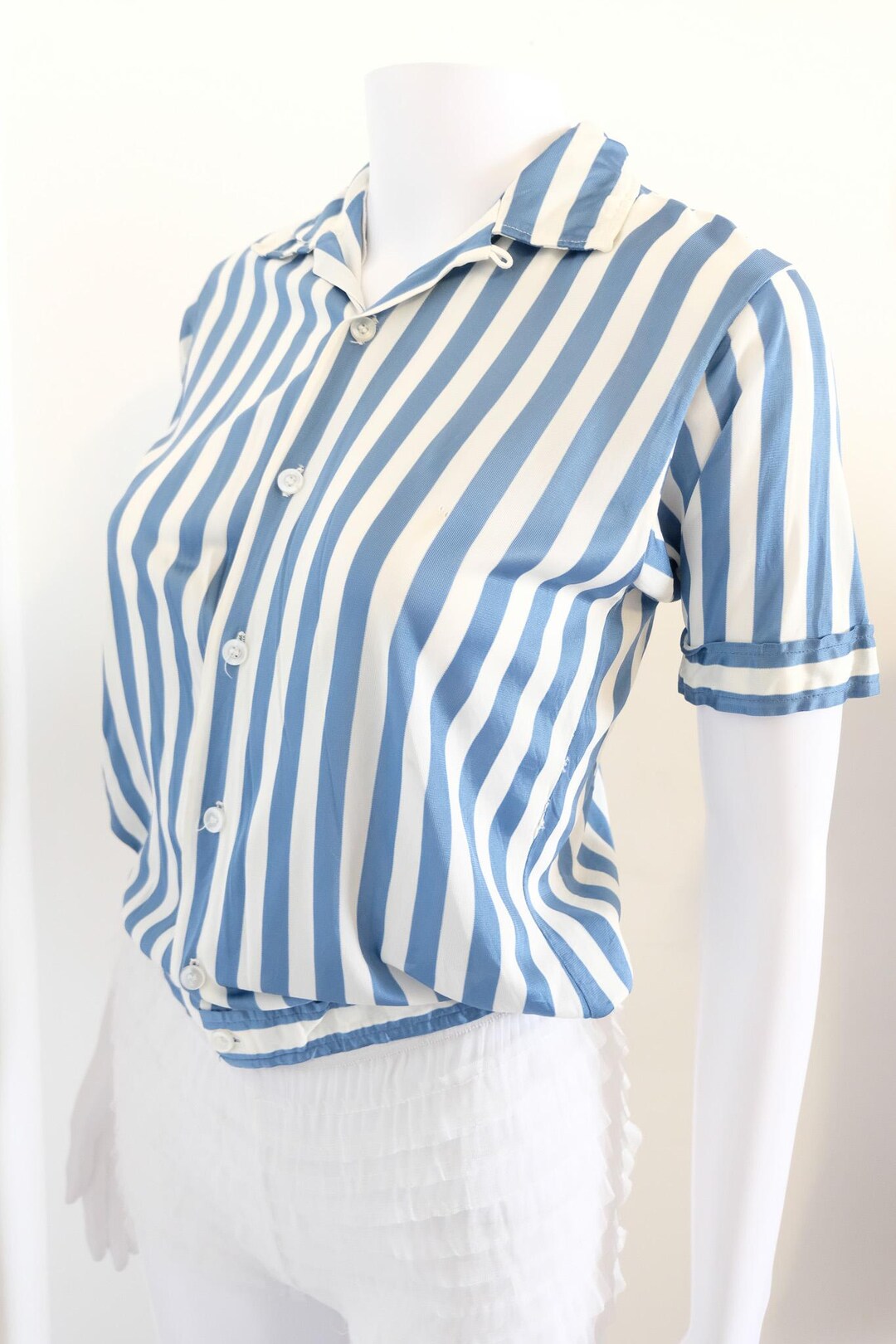1960's Vintage Blue and White Equal Striped Triacetate Campus Shirt ...