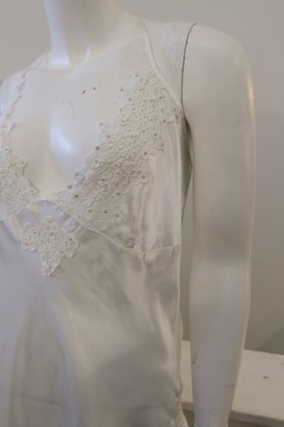 1990s Vintage White Satin Slip Dress Lingerie Floral … - Gem
