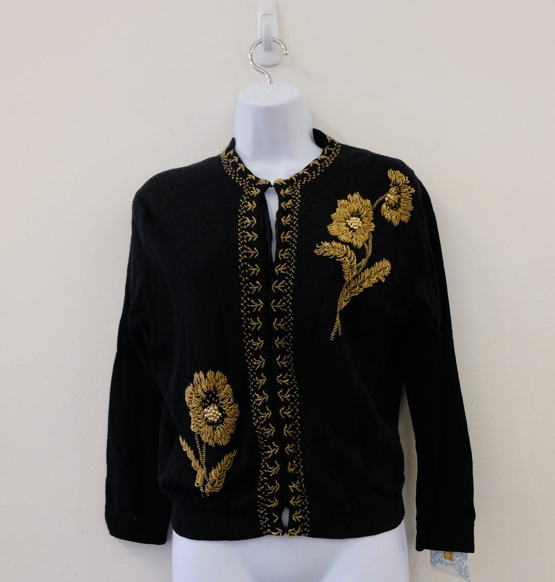 1950's Vintage Black Beaded Lambswool Cardigan With Gold Beads of ...