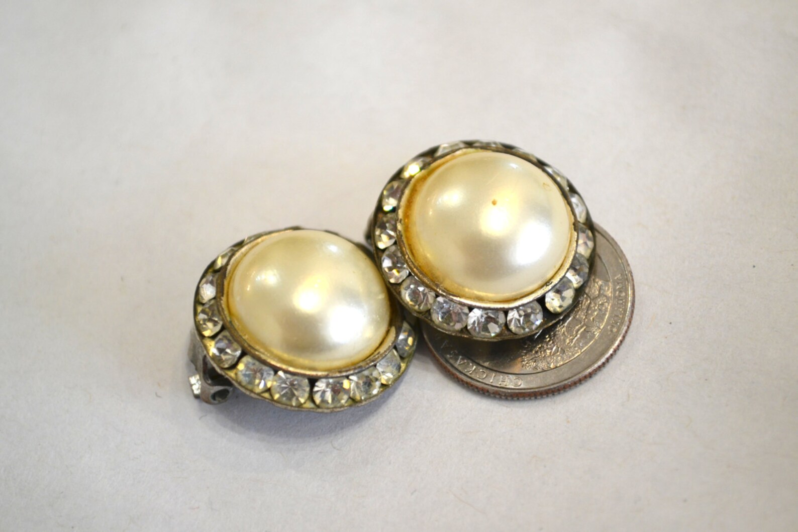 1950's Big Vintage Pearl With Encircled With Rhinestones Clip on ...