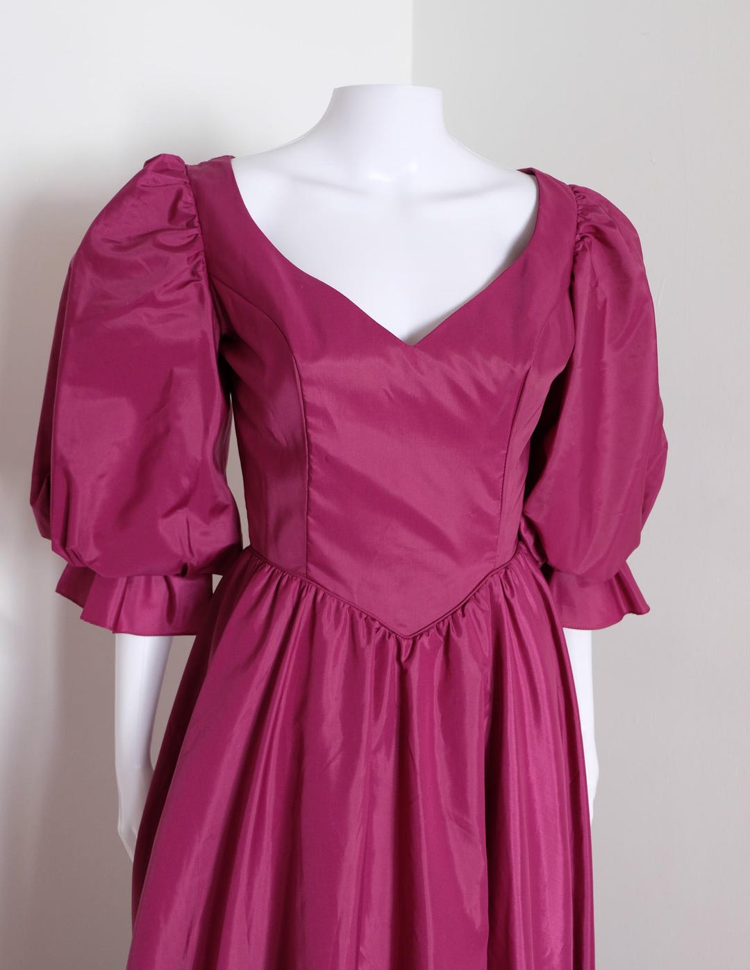 1980's Vintage Magenta Prom Dress Elbow Length Puff Sleeves Princess ...