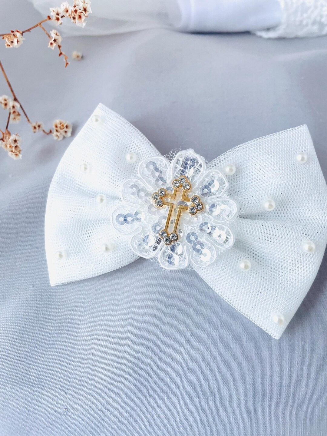 Baptism Hair Clip: Tulle Bow With Sequin Lace Flower & Golden Cross - Etsy
