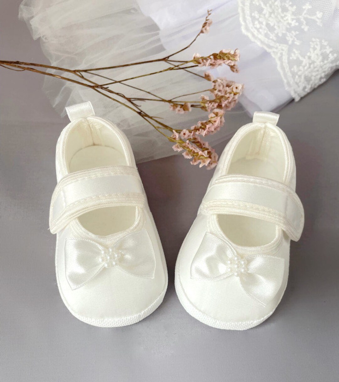 Baby Satin Shoes Ivory Booties for Christening, Baptism Bow Shoes ...