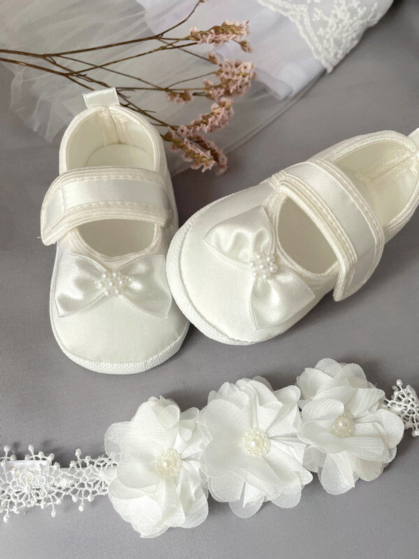 Baby Satin Shoes Ivory Booties for Christening, Baptism Bow Shoes ...