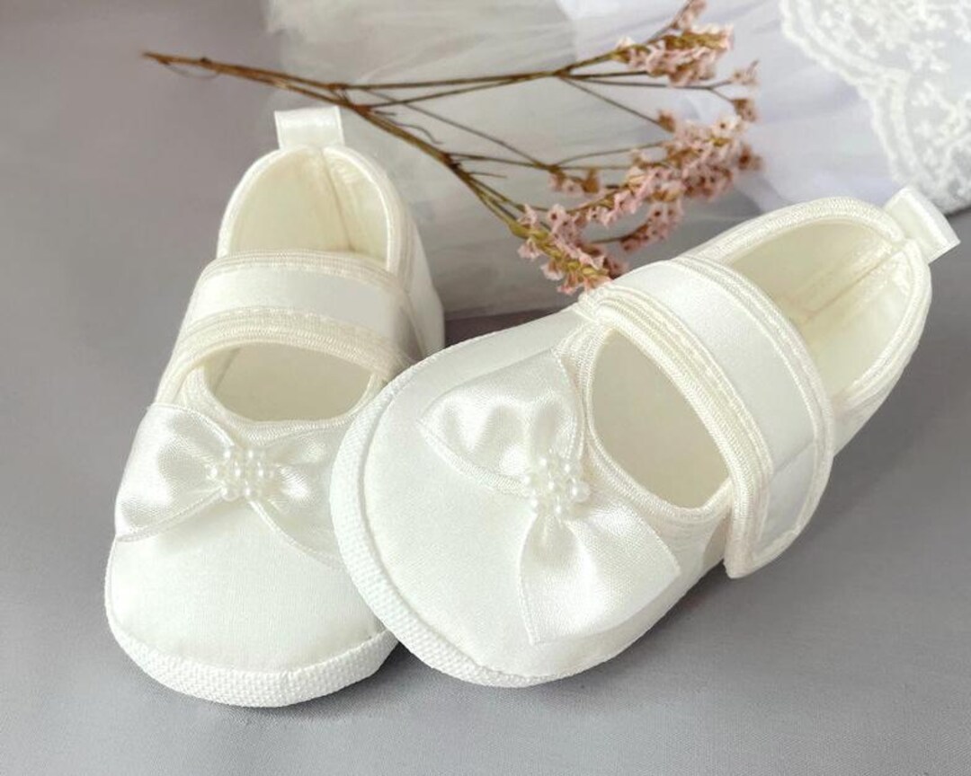Baby Satin Shoes Ivory Booties for Christening, Baptism Bow Shoes ...