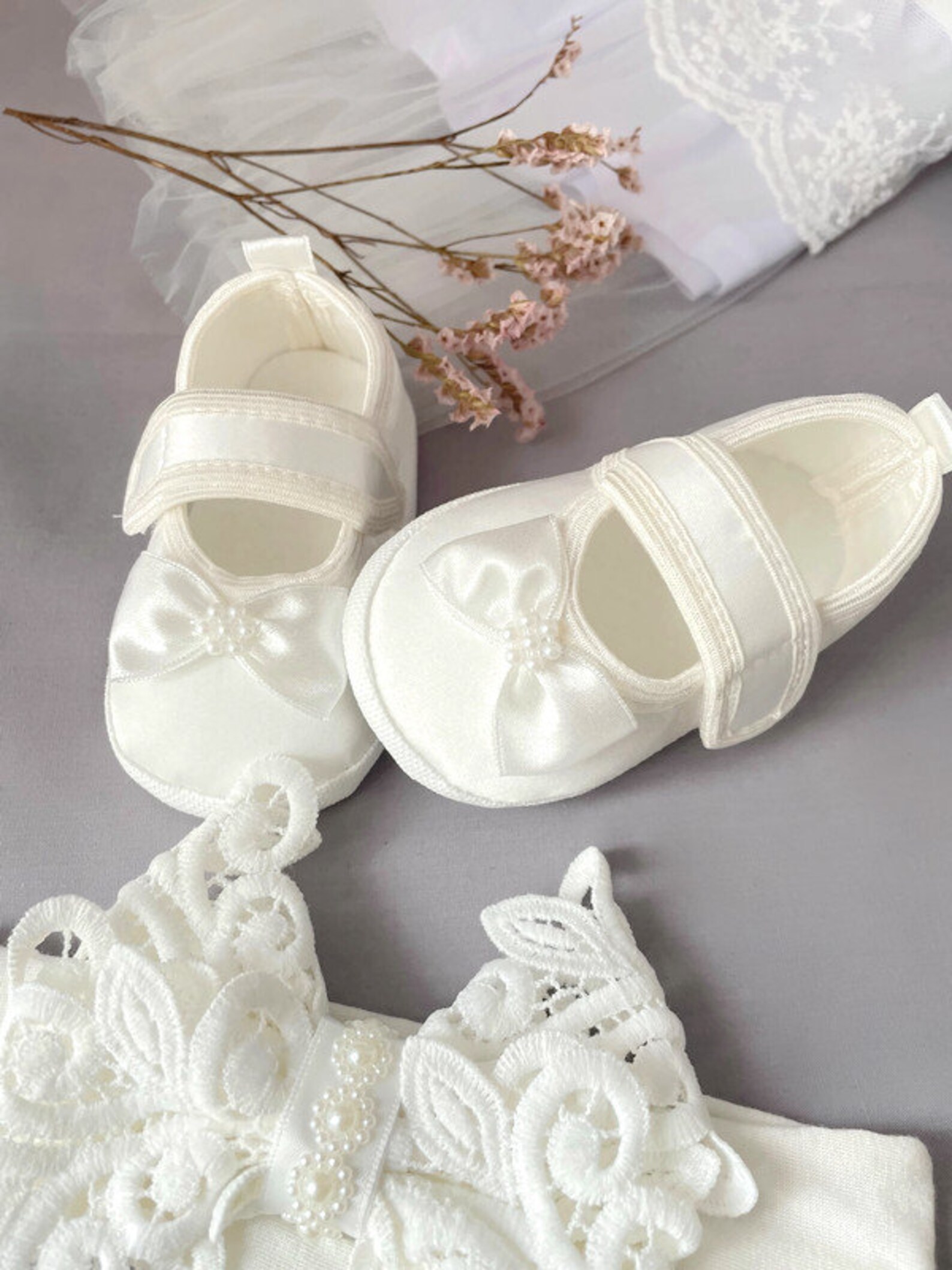 Baby Satin Shoes Ivory Booties for Christening, Baptism Bow Shoes ...