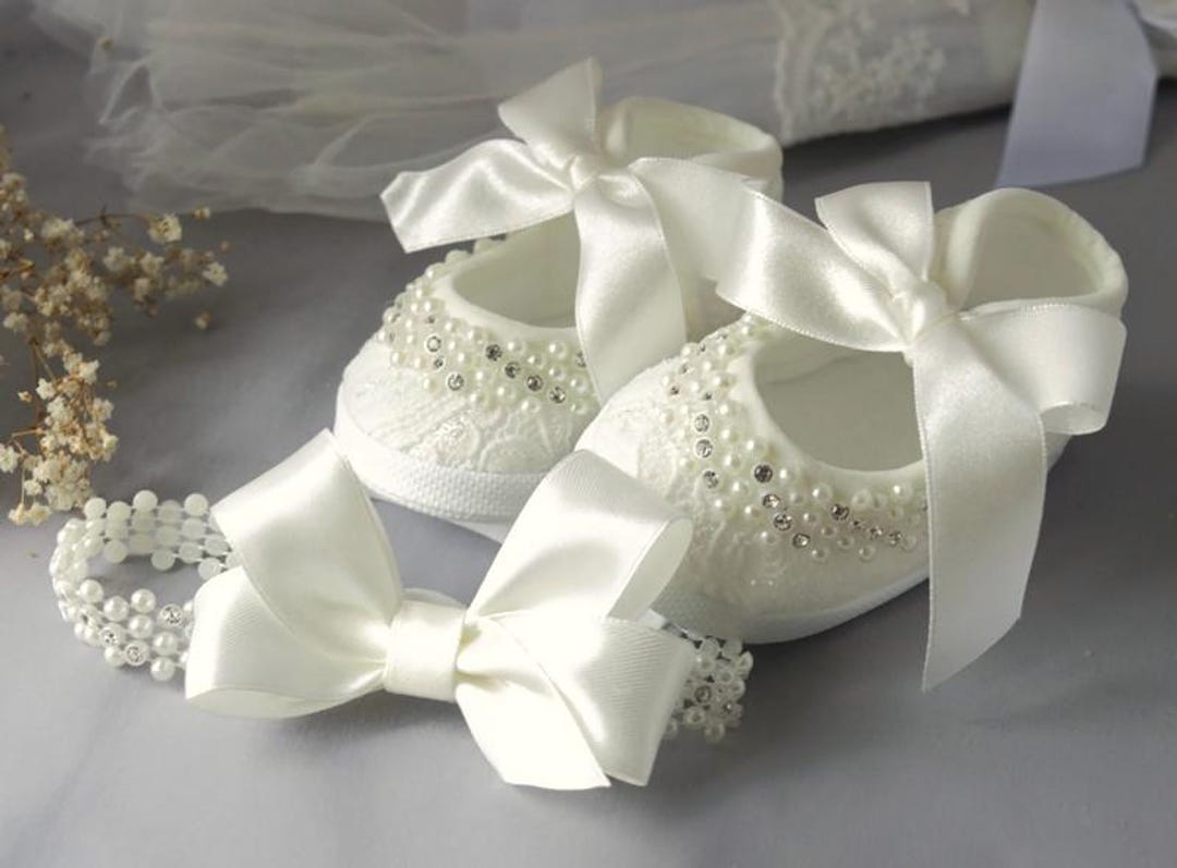 Baby Shoes and Headband Set, Christening Booties, Baptism Headband With ...