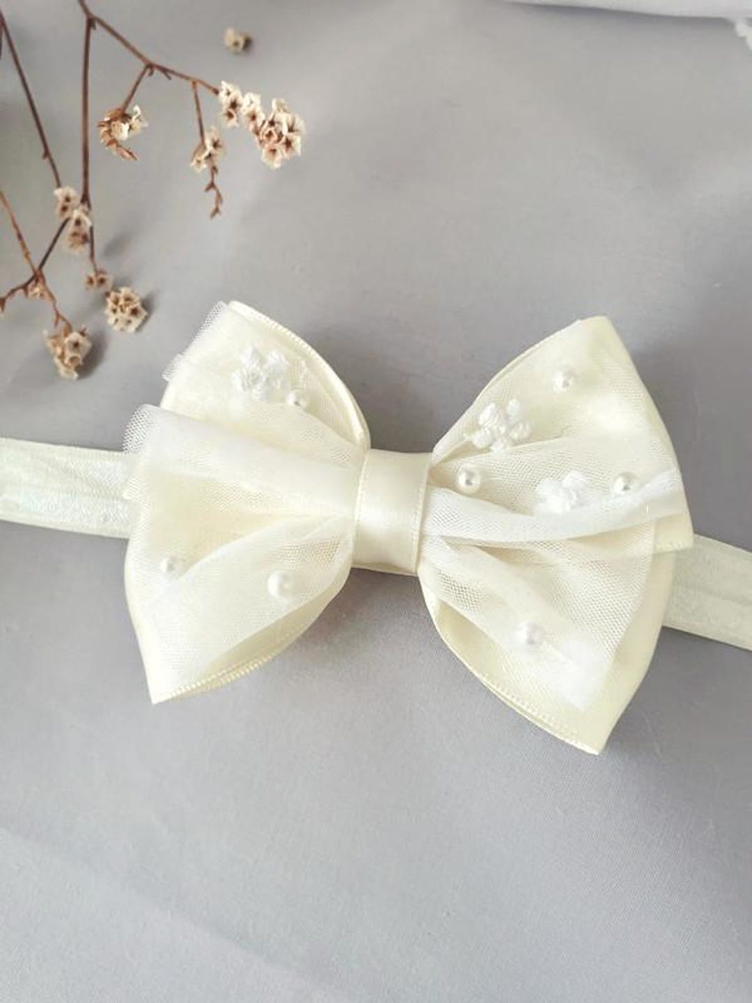 Baptism Hair Clip for Baby Girl, Light Ivory Tulle Bow With Lace for ...