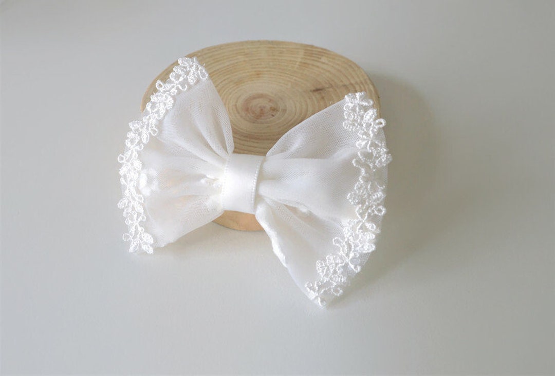 Baptism Hair Clip for Baby Girl, Light Ivory Tulle Bow With Lace for ...
