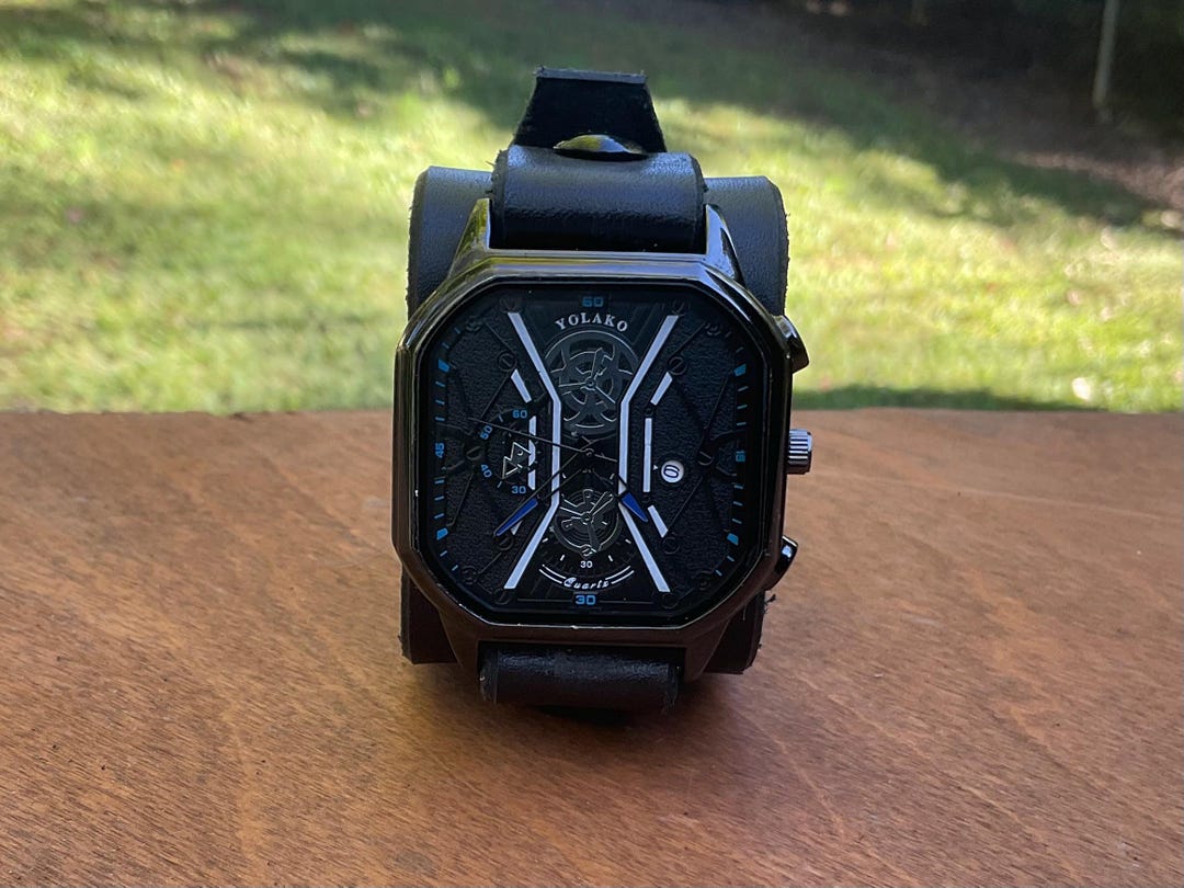 Black Leather Cuff Watch Square Face and Buckle - Etsy