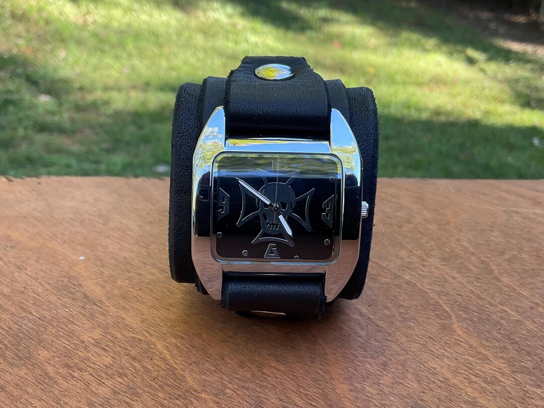 Black Leather Cuff Watch With Cross, Skull Face and Buckle - Etsy