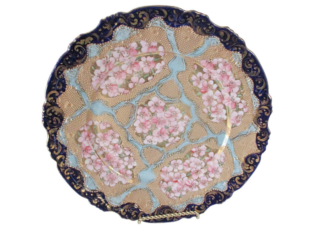 Antique Nippon Plate With Cobalt Blue and Gold Borders, Heavy Moriage ...