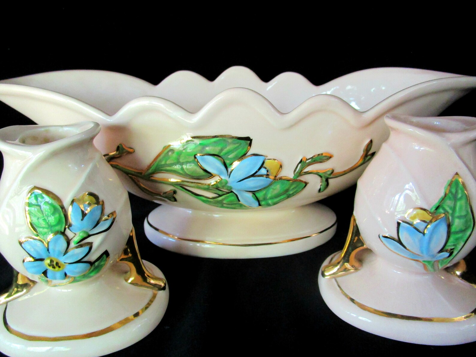 Hull Pottery, Hull Console Set, Bowl and 2 Candle Holders, Blue Florals ...