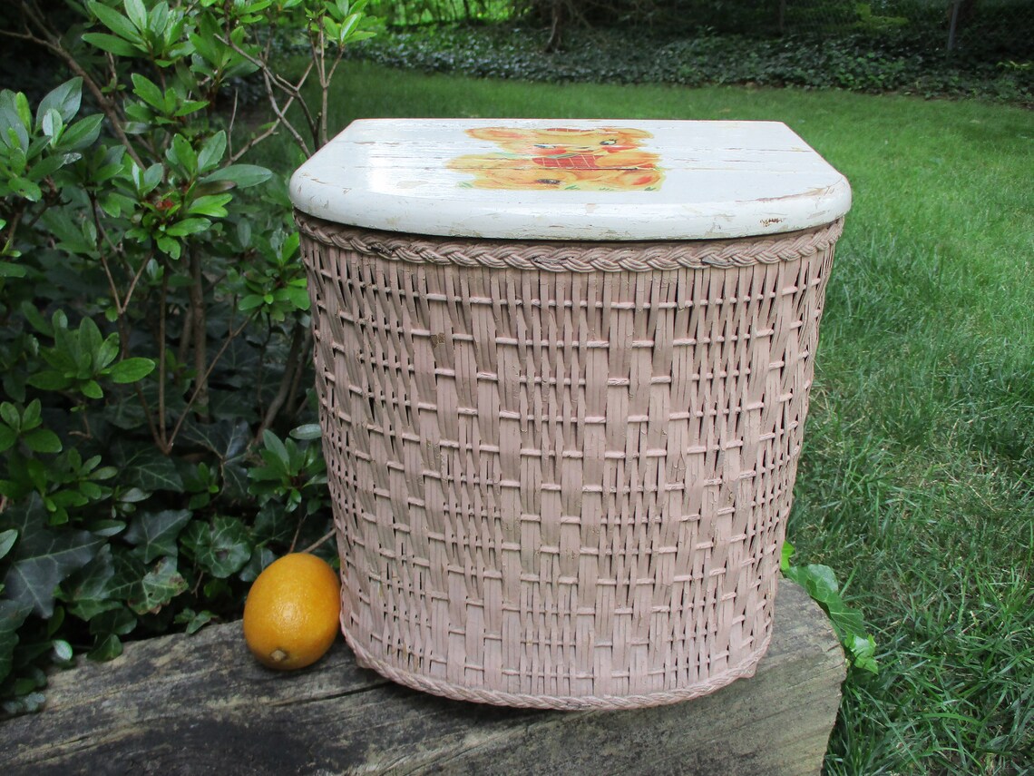 Childs Hamper Pink Wicker Teddy Bear Lid Doll Sized - Etsy