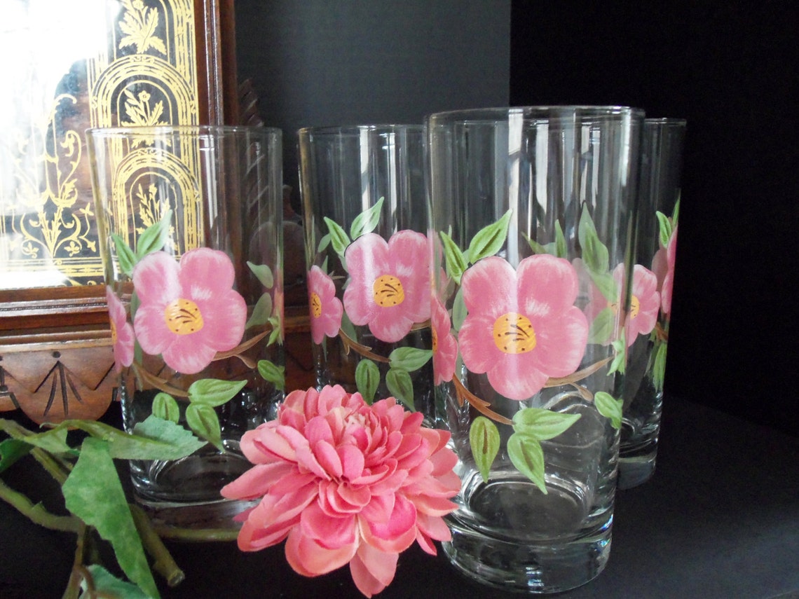 Drinking Glasses Desert Rose Franciscan Set Of 4 Pink Green Etsy
