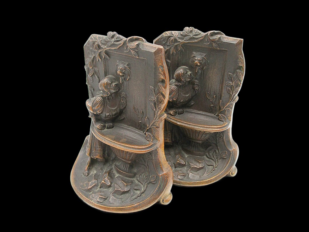 Solid Bronze Bookends, Girl at Fountain, Lions Head Faucet, Antique ...
