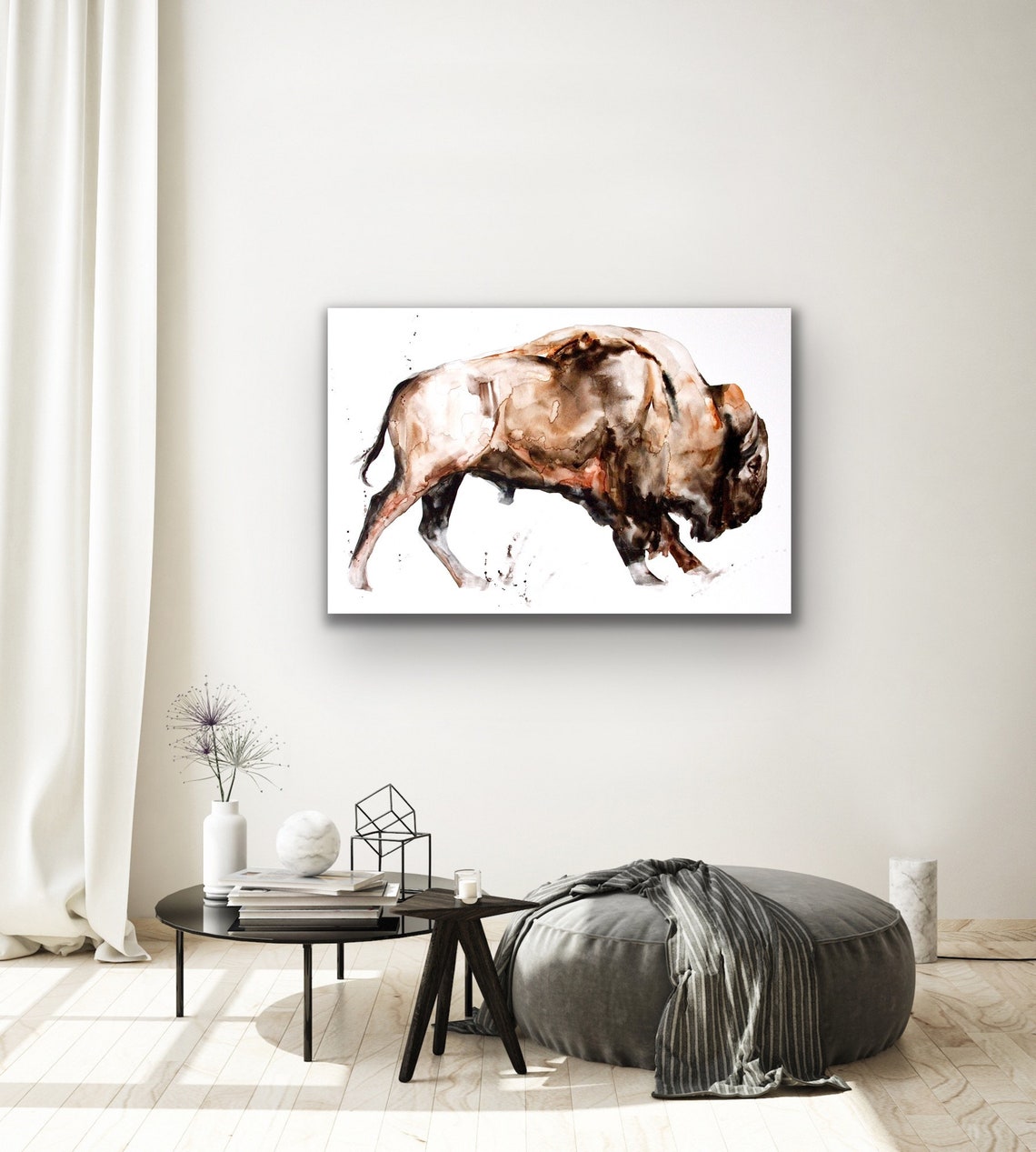 Large Buffalo Running Wild Bison Wildlife Canvas Art Print Reproduction ...