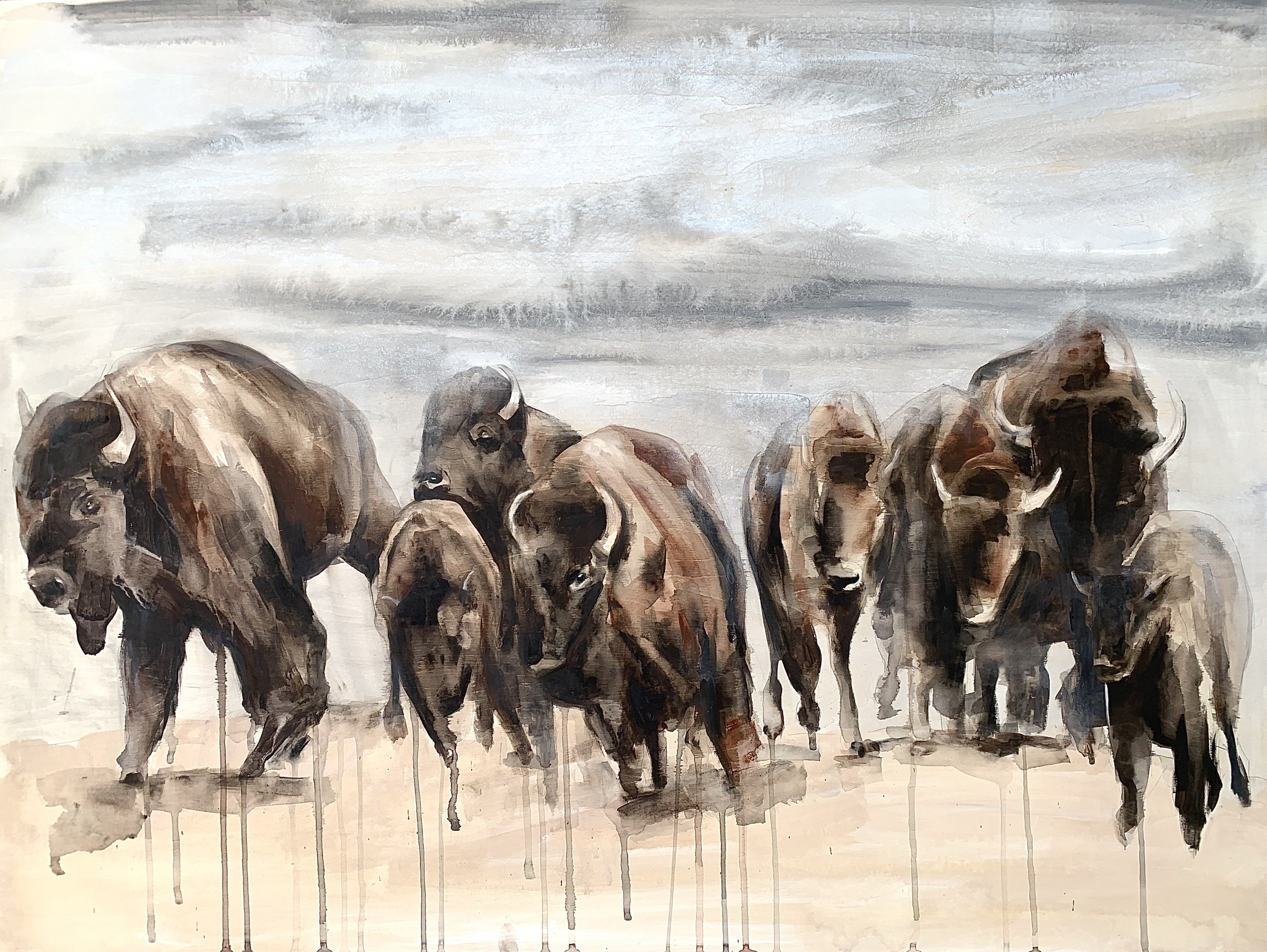 Buffalo Herd Running Bison Herd Wildlife Canvas Art Print Reproduction ...