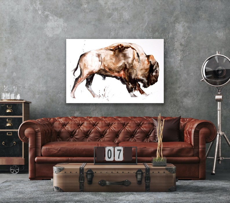 Large Buffalo Running Wild Bison Wildlife Canvas Art Print Reproduction ...