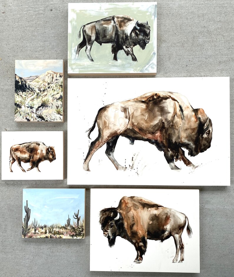 Bison Running Buffalo Art Print Reproduction Watercolor | Etsy