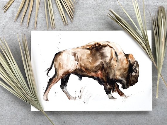Bison running buffalo art print reproduction watercolor | Etsy