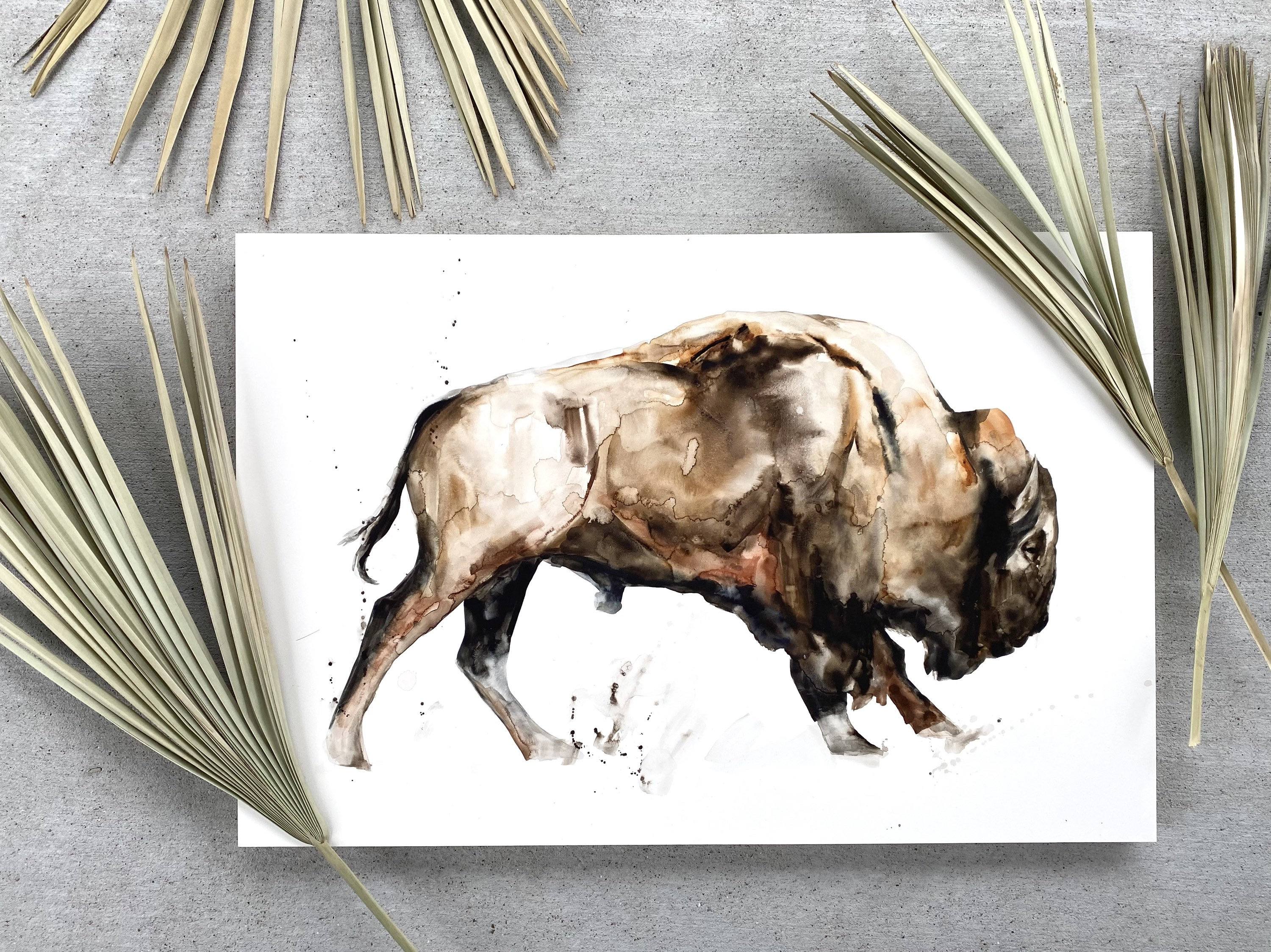 Bison running buffalo art print reproduction watercolor | Etsy