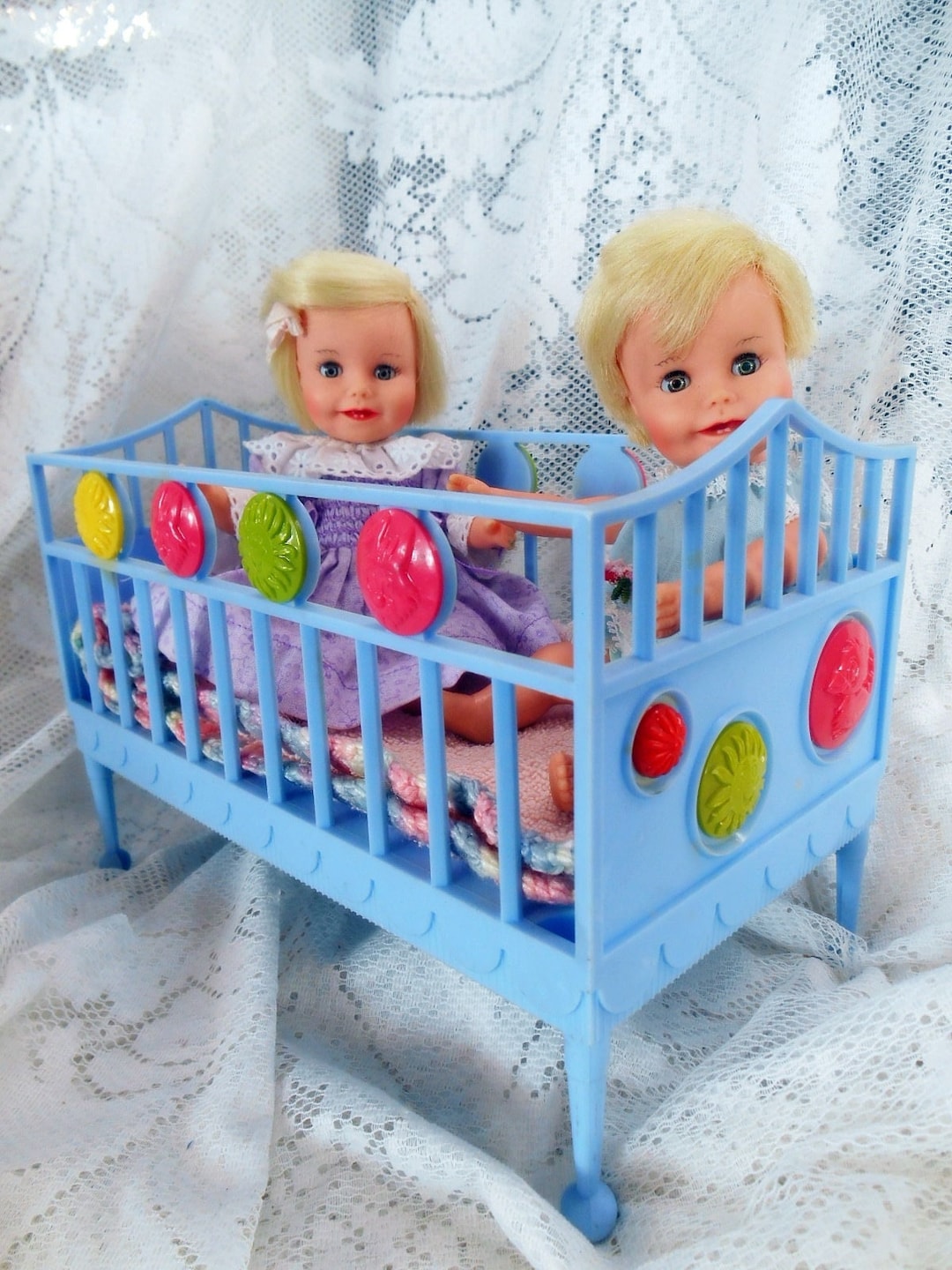 PAIR of Vintage 1964 Deluxe Reading, Suzy Cute Dolls, Sweet Original Toy Doll Crib and Clothes ...