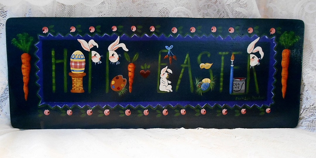 Vintage Signed Easter Tole Painted Sign, Hand Painted Happy Easter ...