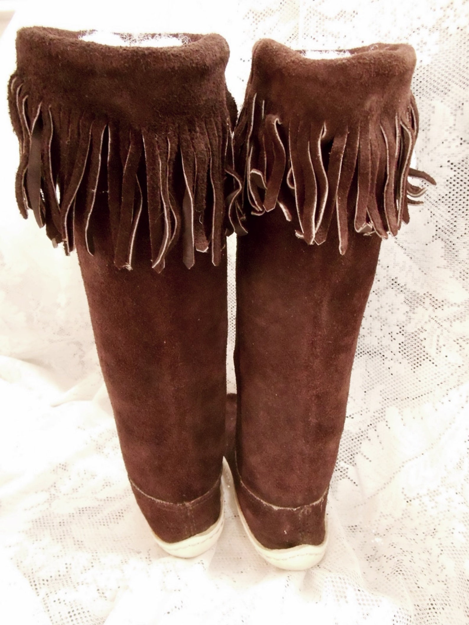 Vintage Knee High Moccasins, Suede Tops With Fringe, Leather Soles ...
