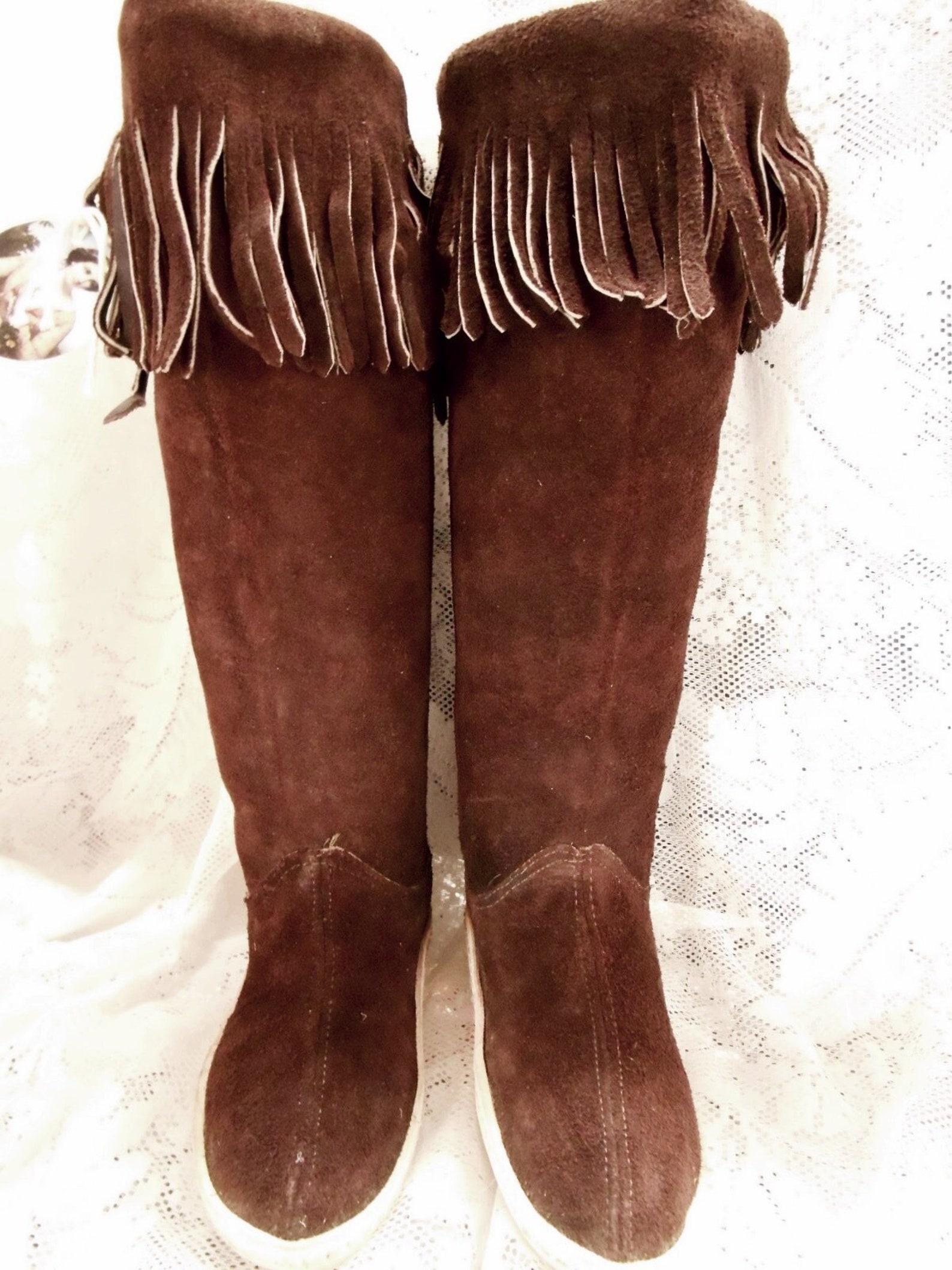 Vintage Knee High Moccasins, Suede Tops With Fringe, Leather Soles ...