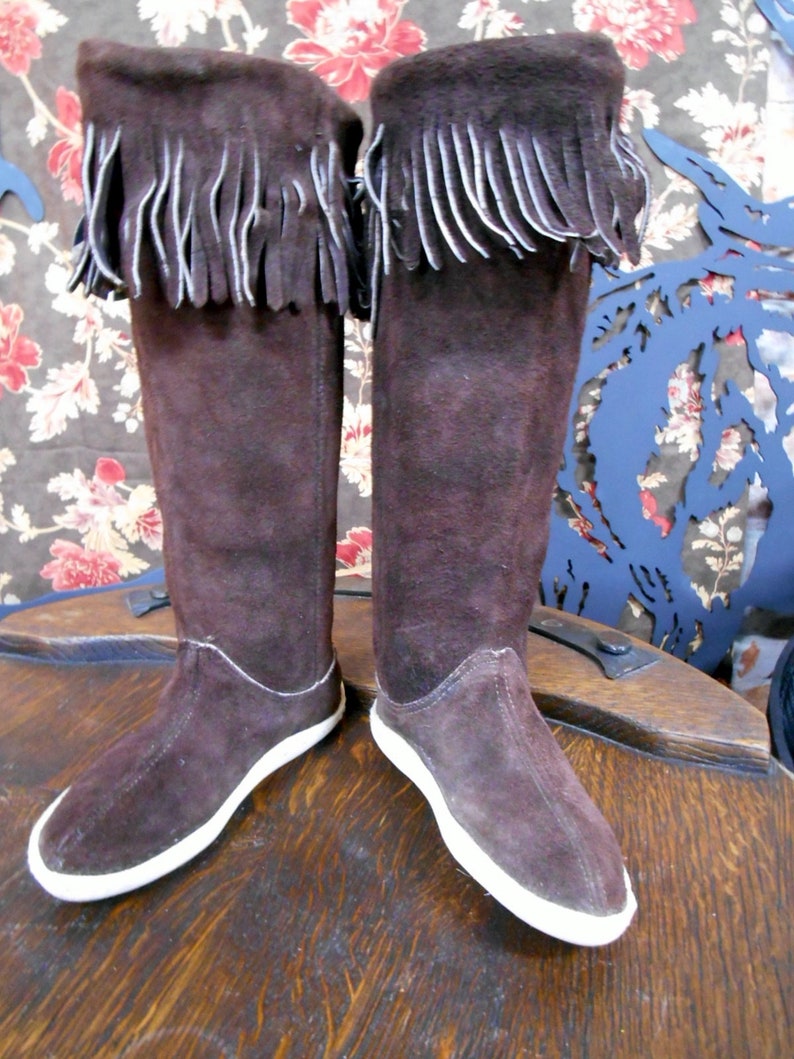 Vintage Knee High Moccasins Suede Tops With Fringe Leather - Etsy