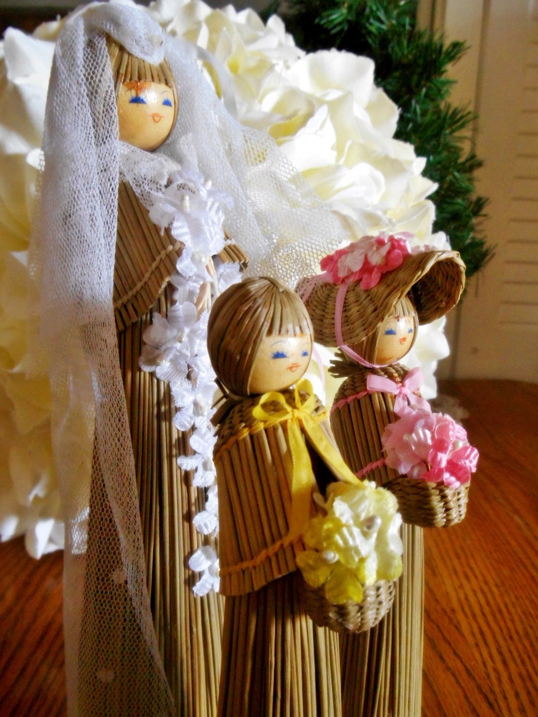 Set of THREE Vintage Broom Straw, Folk Art Dolls, Hand Painted Wooden ...