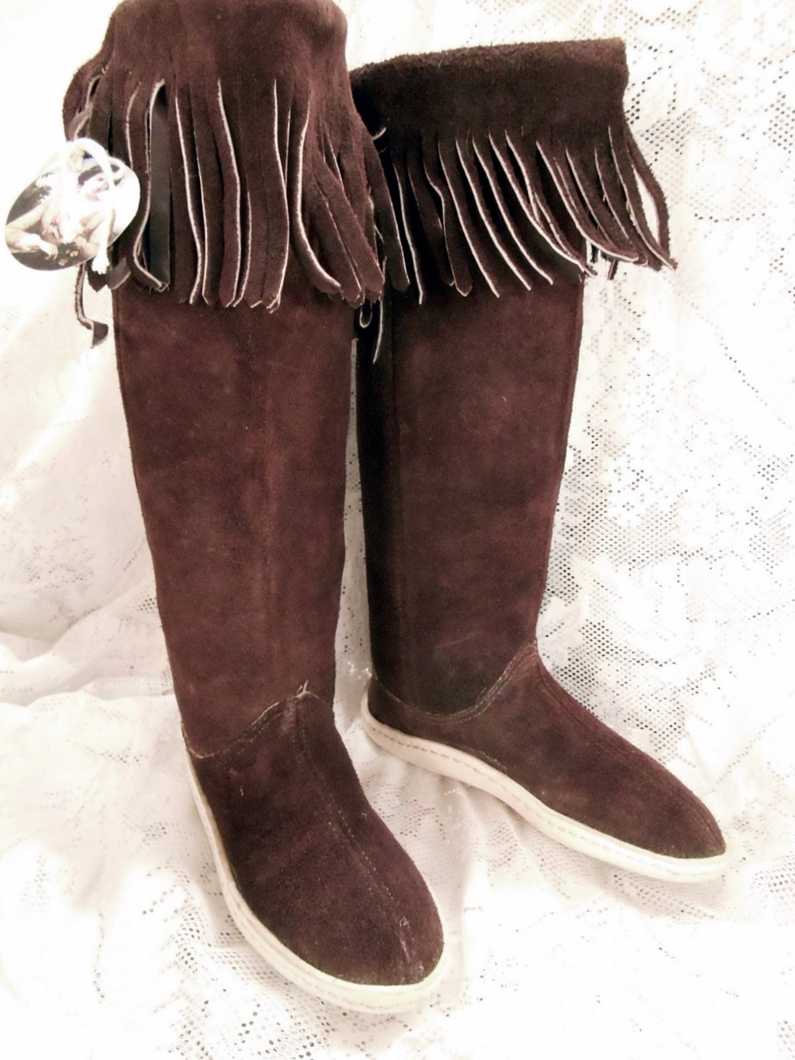 Vintage Knee High Moccasins, Suede Tops With Fringe, Leather Soles ...