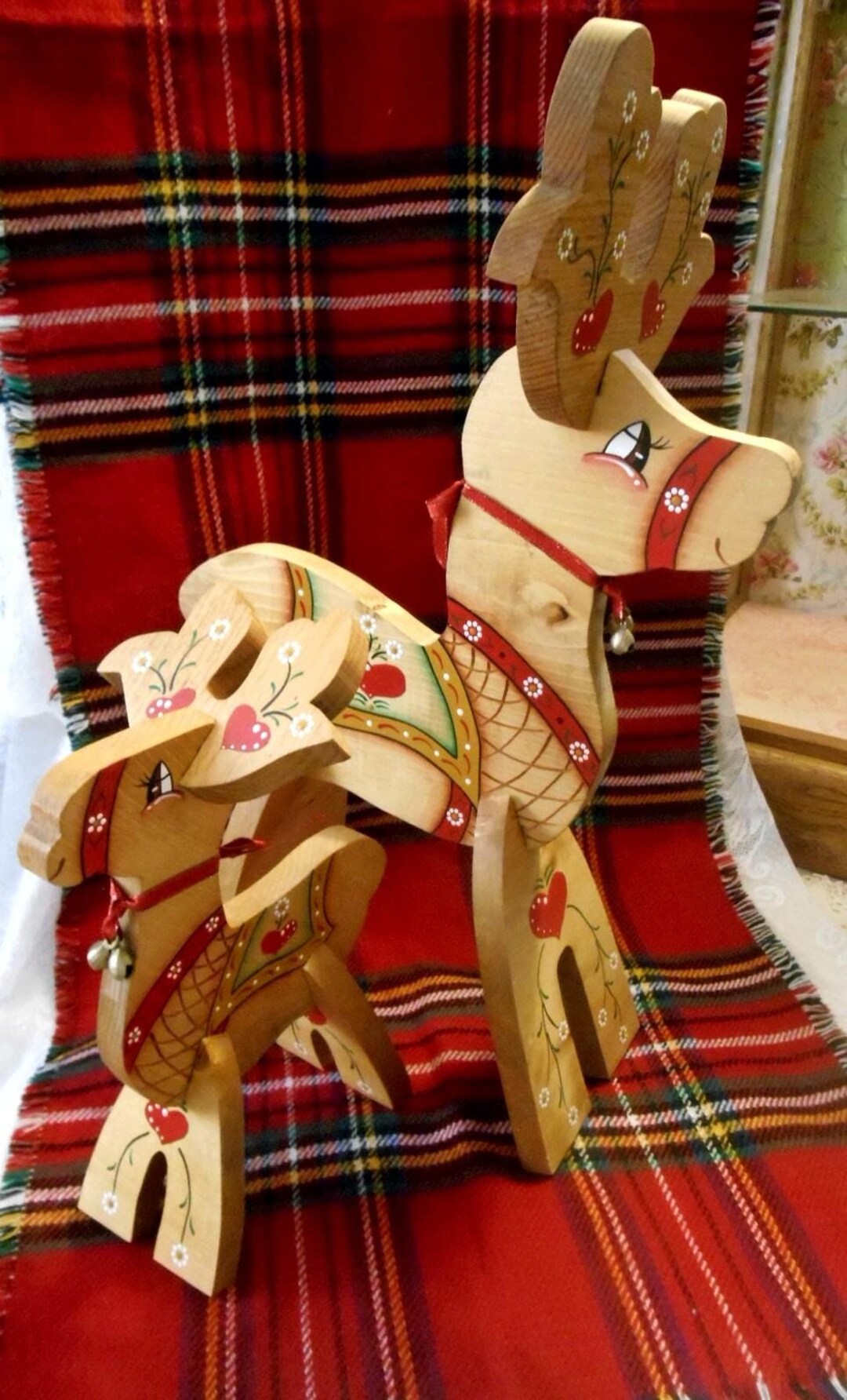 TWO Handmade Wooden, Hand Painted, Tole Painted, 3D Christmas Reindeer ...