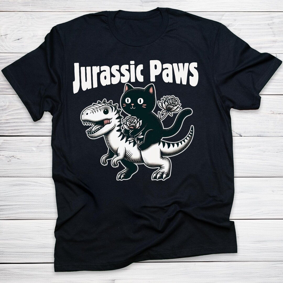 Jurassic Paws Cat T-shirt Funny Dinosaur and Cat Lover Tee Retro Gift ...