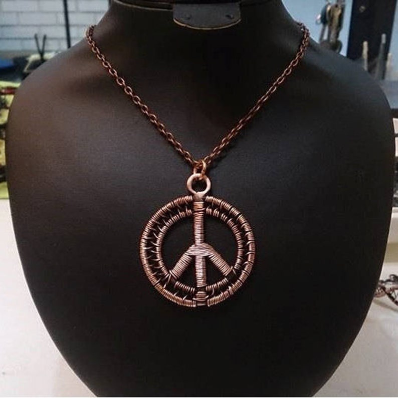 Copper Peace Pendant Necklace Peace Sign Necklace Long | Etsy