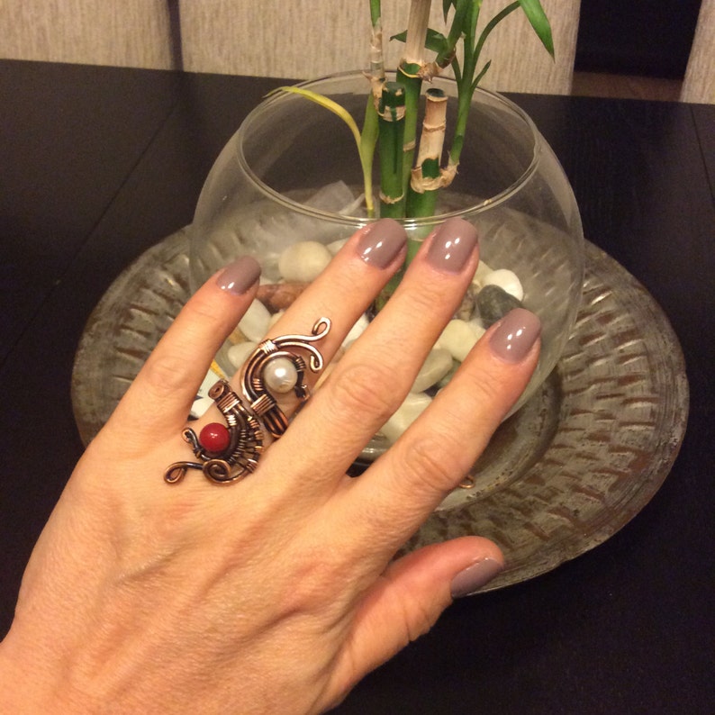 Copper Ring for Women, Ring Coral With Pearl, Wire Wrapped Jewelry ...