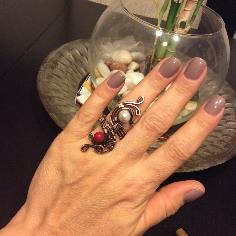 Copper Ring for Women, Ring Coral With Pearl, Wire Wrapped Jewelry ...