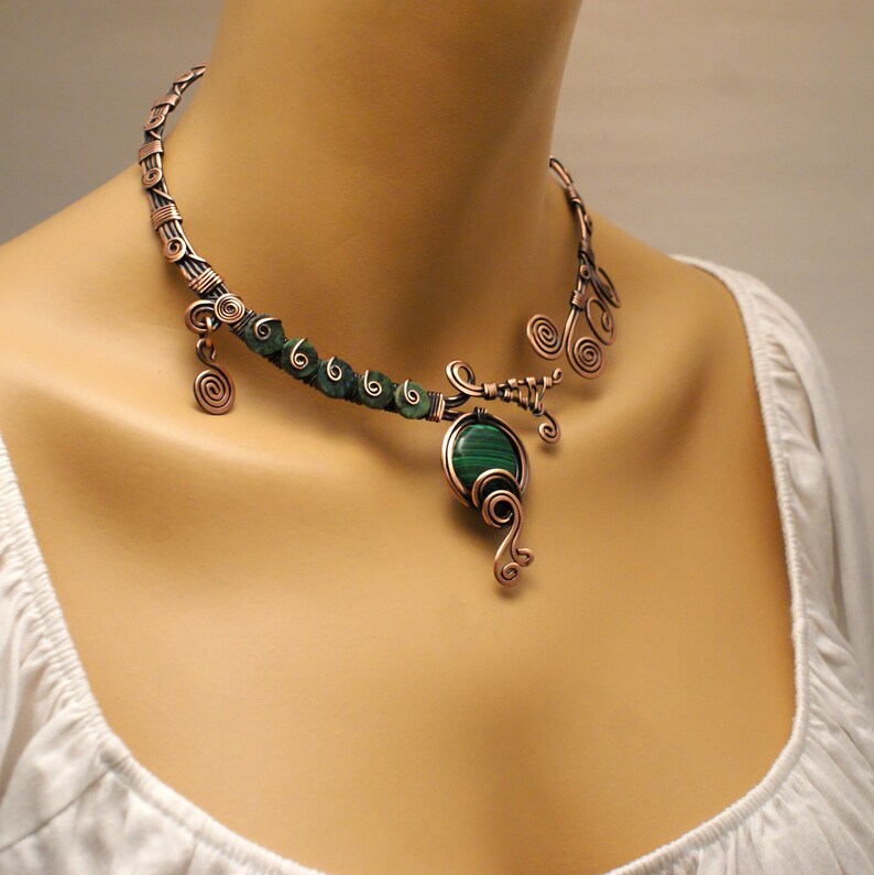 Statement Malachite Necklace Open Necklace Copper Necklace - Etsy
