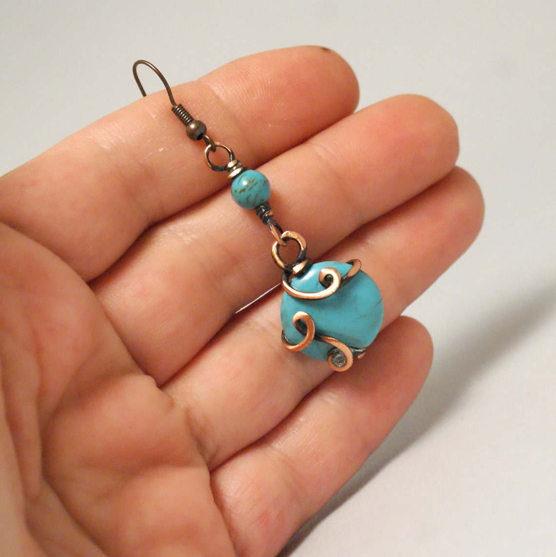 Turquoise Dangle Earrings, Blue Turquoise Stone Earrings, Copper ...