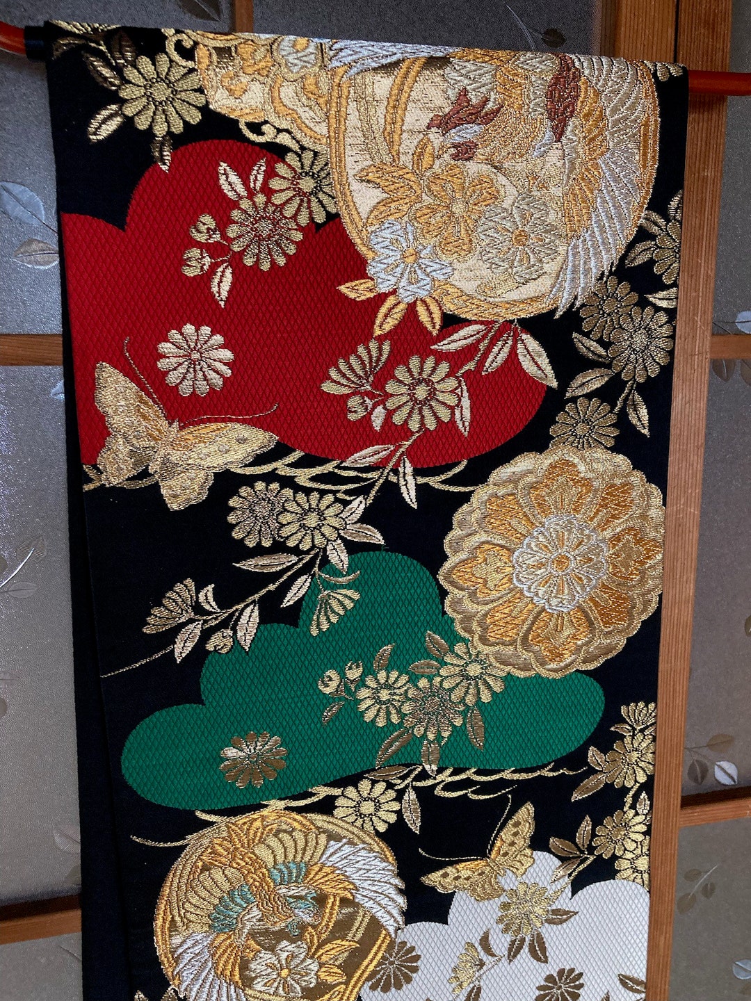 Japanese Maru Obi Modern Style Butterflies and Floral Motif Black, Red ...