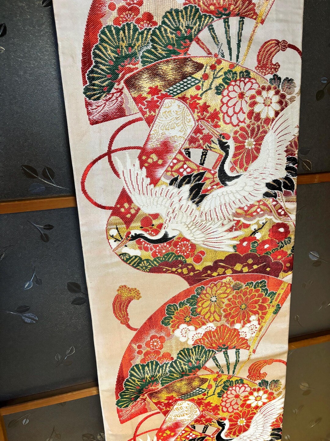 Antique Japanese Obi Continuous Pattern Both Sides 3.82 M Cranes and ...