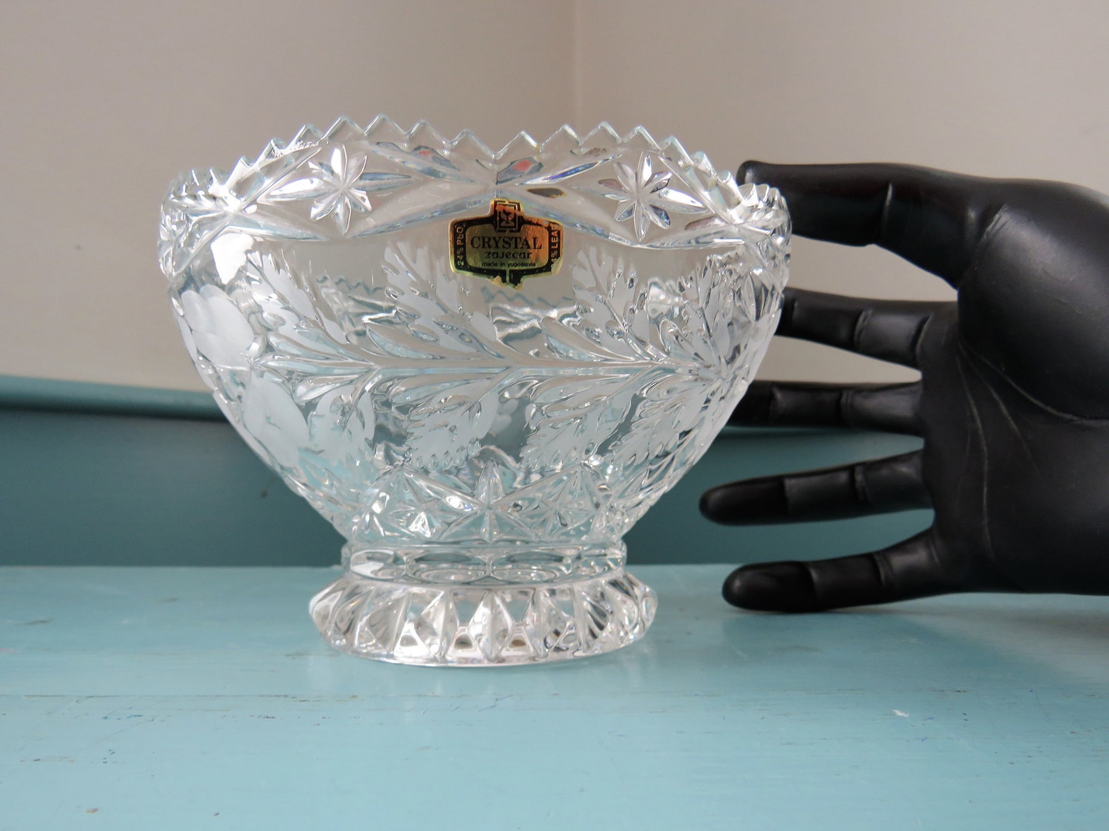 Crystal Pedestal Bowl, ZAJECAR KRISTAL Yugoslavia Etched Flower ...