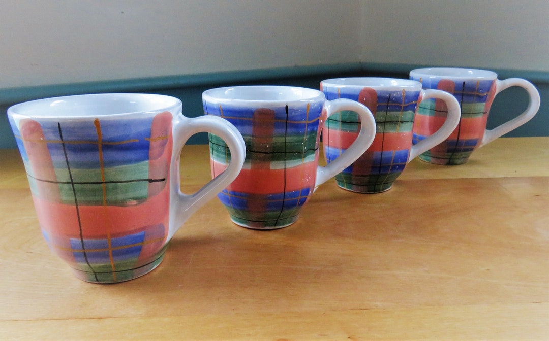 4 MESA Int'l Blue Green Coral PLAID Hand Painted Pottery Mugs by Mesa ...
