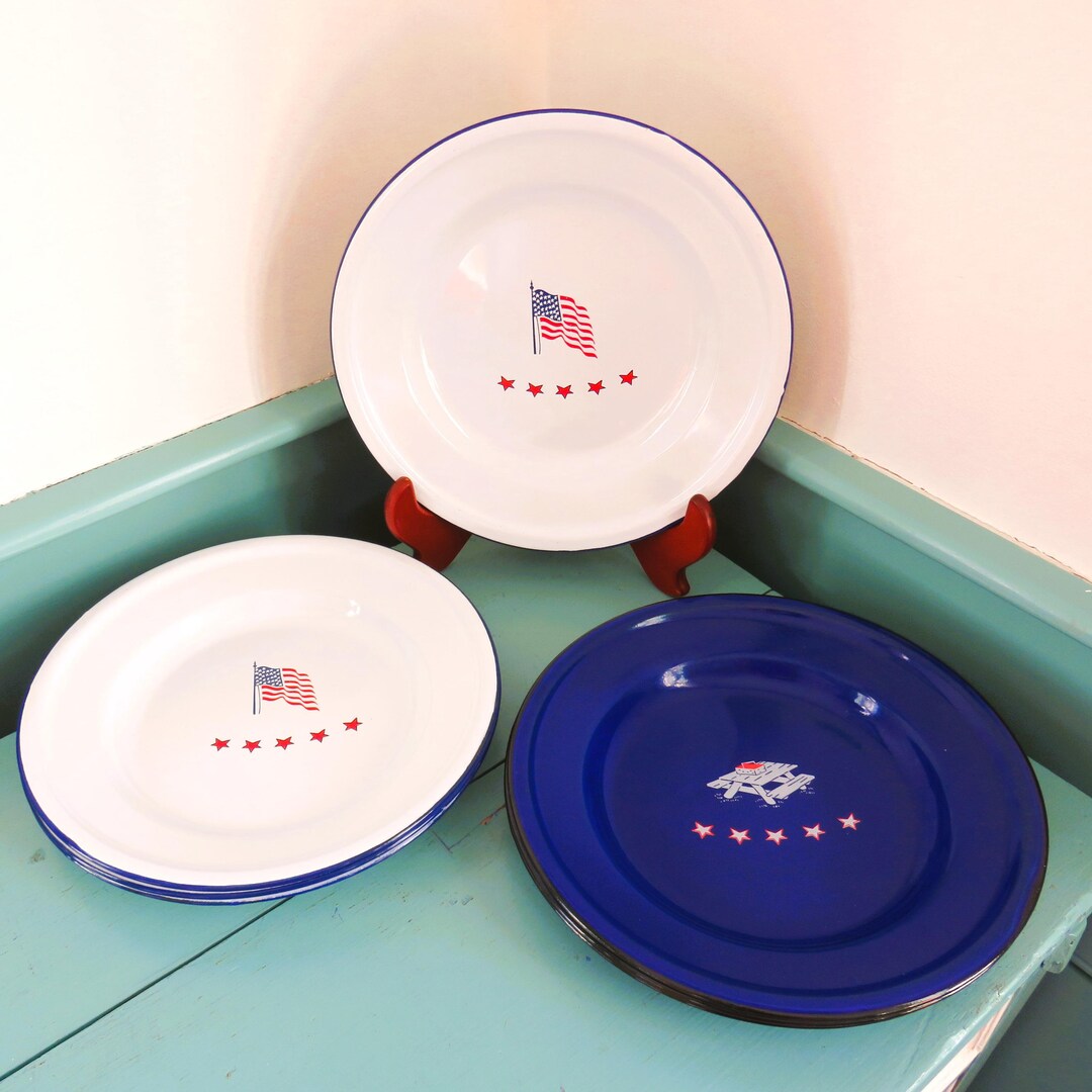 7 ENAMELWARE PATRIOTIC PLATES - Stars, Flags and Picnic Tables, Perfect ...
