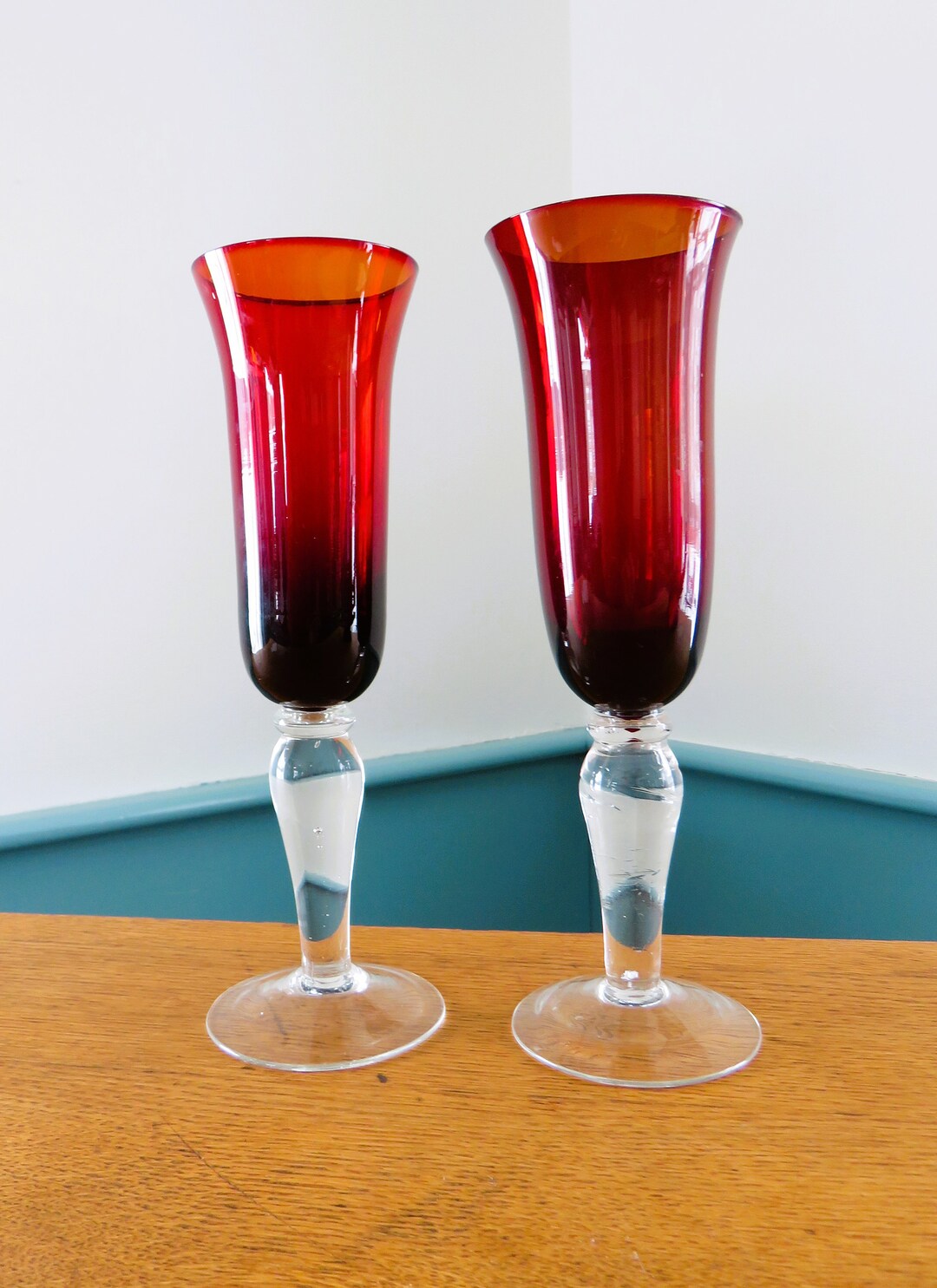 2 Red Clear Blown Glass Champagne Flutes, 6 Ounces - Etsy