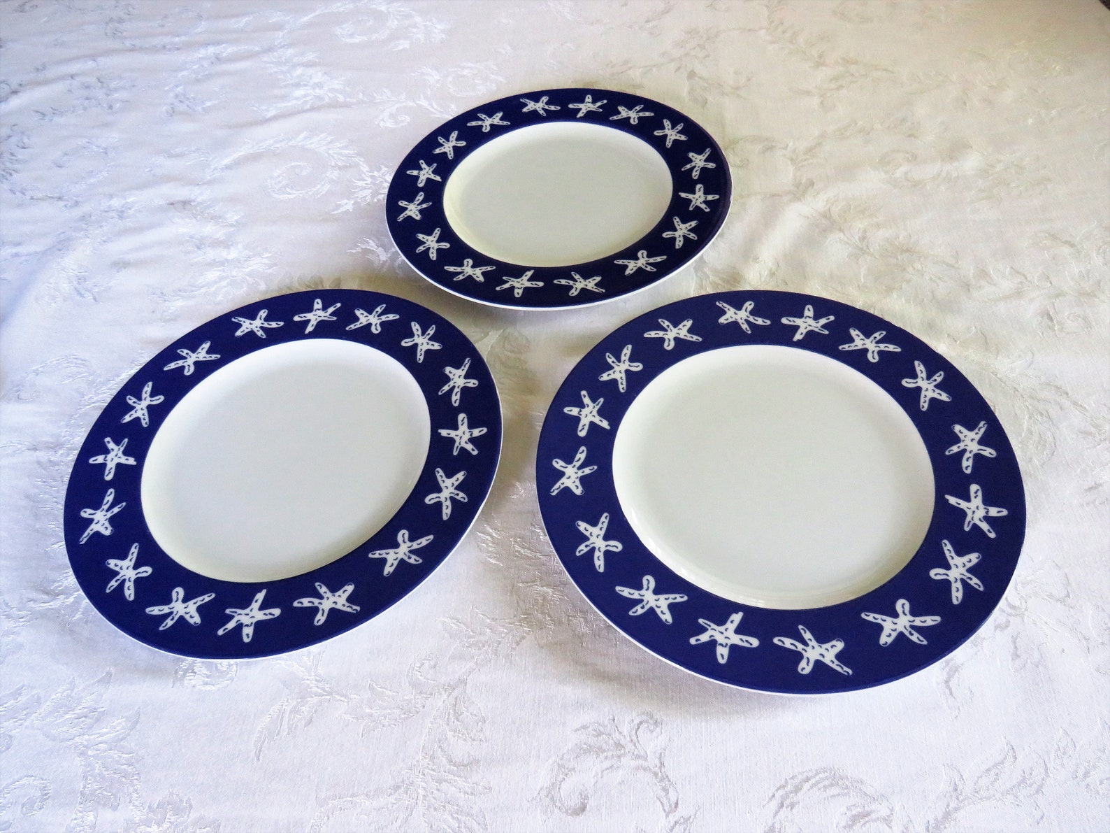 SET of 3 STARFISH Blue & White Dinner Plates, 10 5/8", Living Schones ...