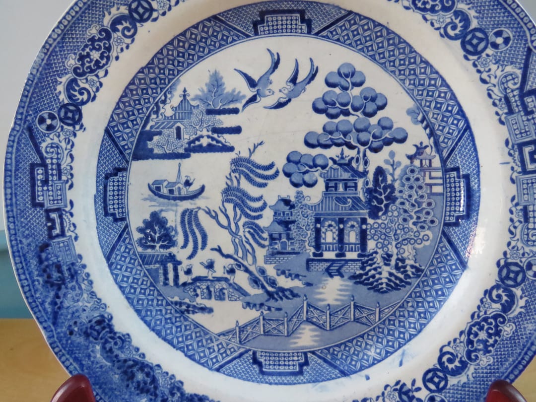 ANTIQUE Blue Willow 10" Dinner Semi China Plate - Crown With Flower ...