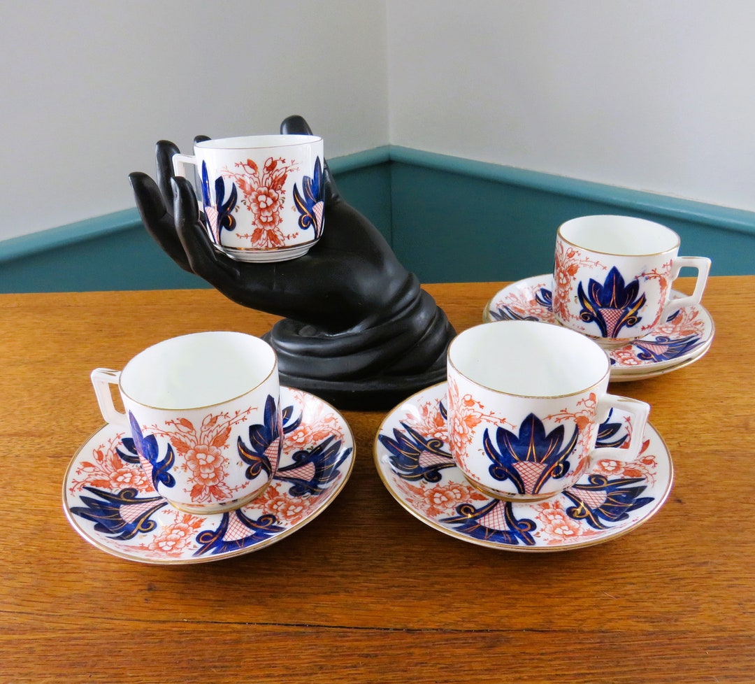 SET of 4 Gaudy Welsh Blue Rust Ironstone Cups & Saucers, Gold Trim - Etsy