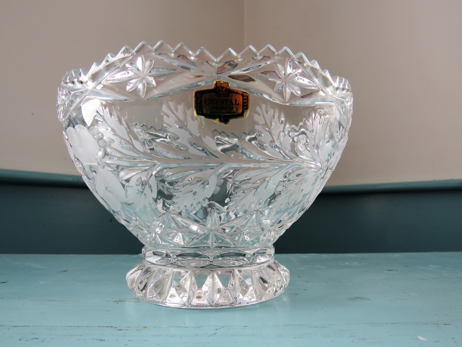 Crystal Pedestal Bowl, ZAJECAR KRISTAL Yugoslavia Etched Flower ...